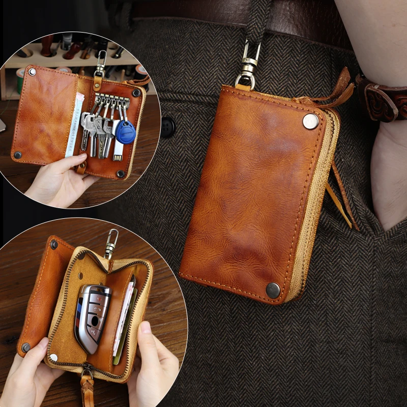 Retro Wrinkle Men's Key Wallet Handmade Card Slot Smart Key Holder Soft ...
