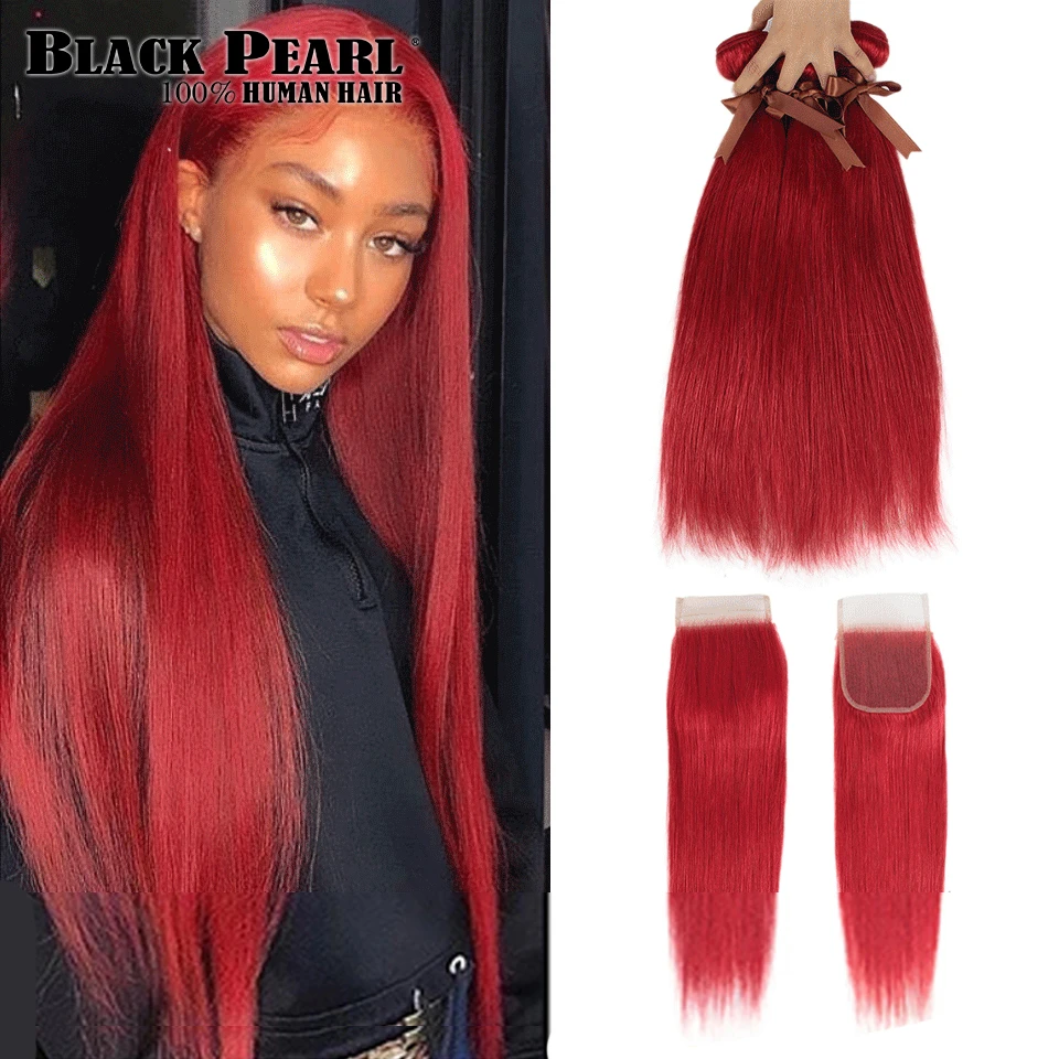 Black Pearl Red Bundles With Closure Brazilian Remy Straight Human Hair ...
