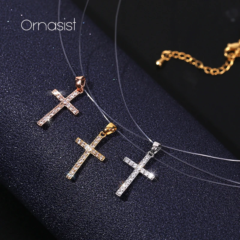 Classic-Cross-Pendant-Necklace-Simple-Invisible-Transparent-Fishing ...