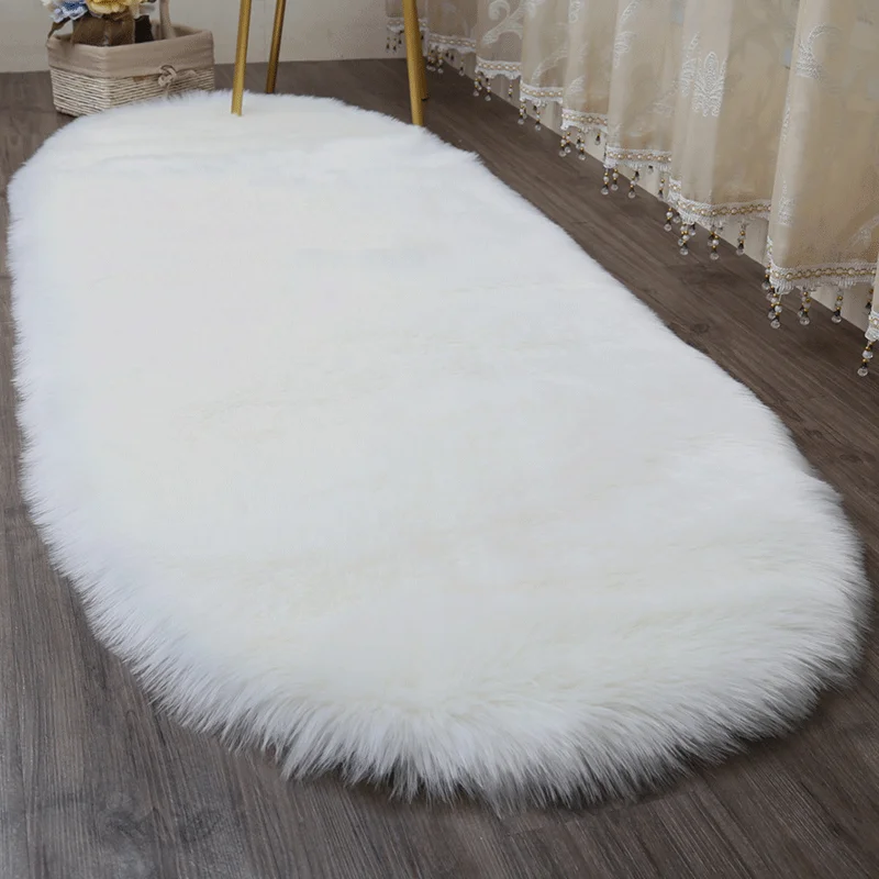 Oval Soft Fluffy Faux Sheepskin Fur Area Rugs White Faux Fur Bedside ...