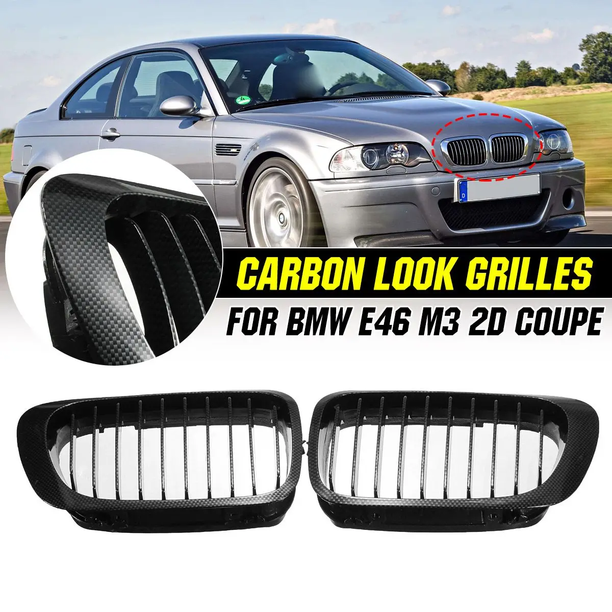 Pair Car Carbon Fiber Front Kidney Grille Grill For Bmw E46 M3 3 Series ...