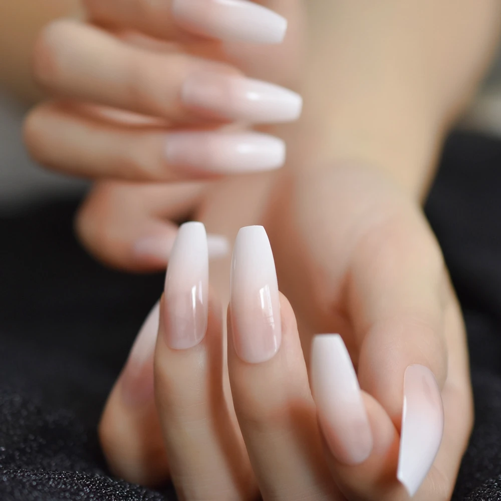 Ombre French Tip Extra Long Ballerina Shape False Press on Natural Nai ...