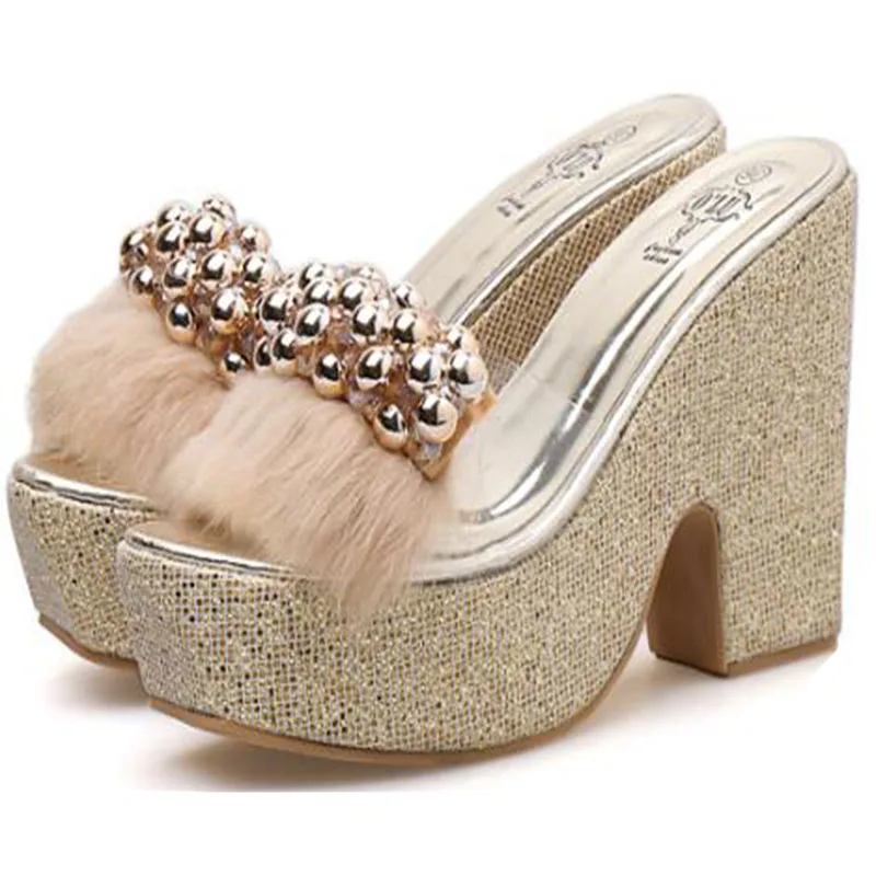 New Rabbit Hair Rhineston Women Shoes Sequin High Heel Sandals Sexy ...