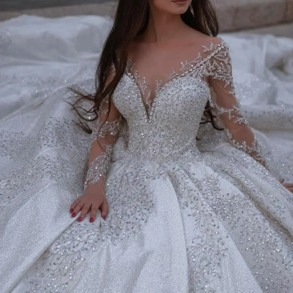 A-Line-Crystal-Wedding-Dresses-V-Neck-Lace-Long-Sleeve-Bridal-Gowns ...