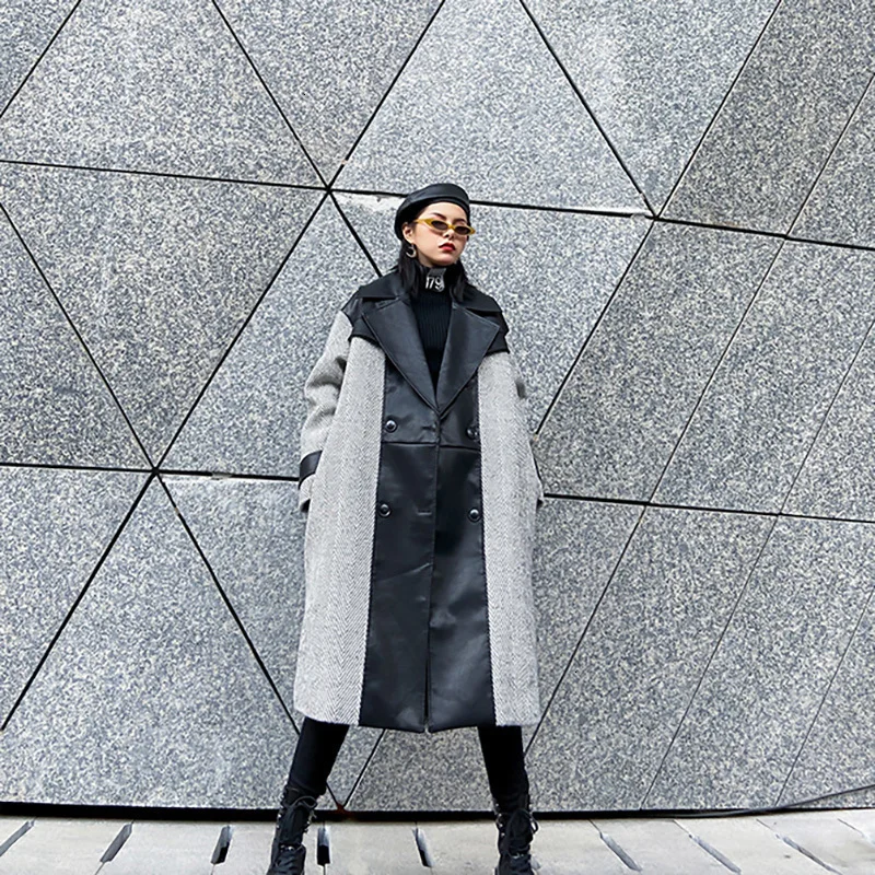 [EAM] свободное серое шерстяное пальто из искусственной кожи с разрезом ...