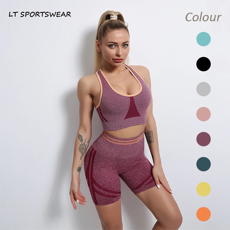 Short Set Women's Summer Yoga Sports Bra + High Waist Short Pants Summer Tracksuit Tight ...
