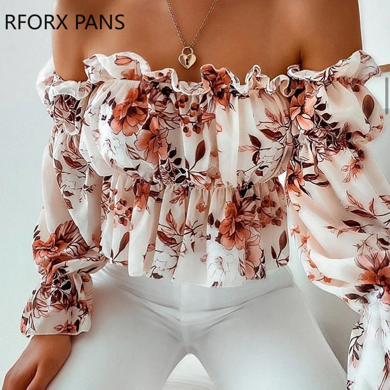 Women Lace Off Shoulder Floral Print Frill Hem Ruched Top Blouse Womens ...