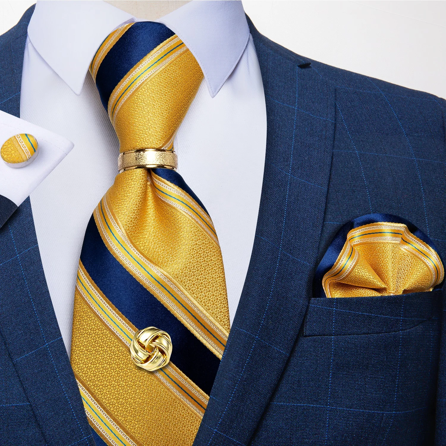 Men-Tie-Navy-Gold-Striped-Business-Formal-Necktie-Handkerchief-Cuffinks ...