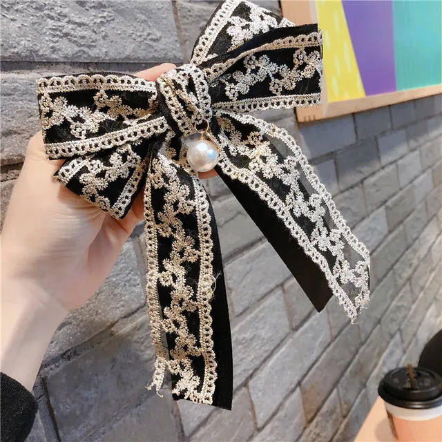 Korean Fabric Big Bow Spring Clip Lady Lace Embroidery Hair Clip ...