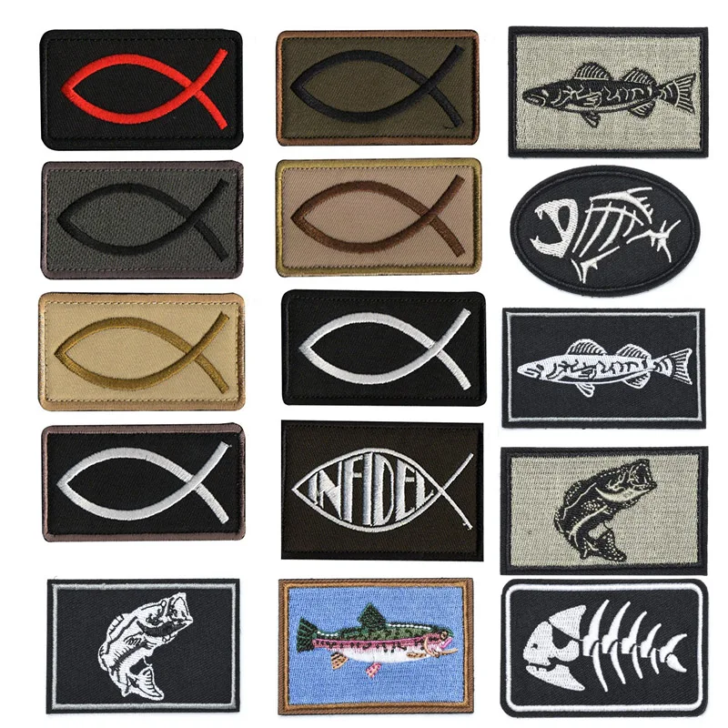 New Fishbone Embroidery Patch Rectangular Fish Badge Armband Orangutan ...