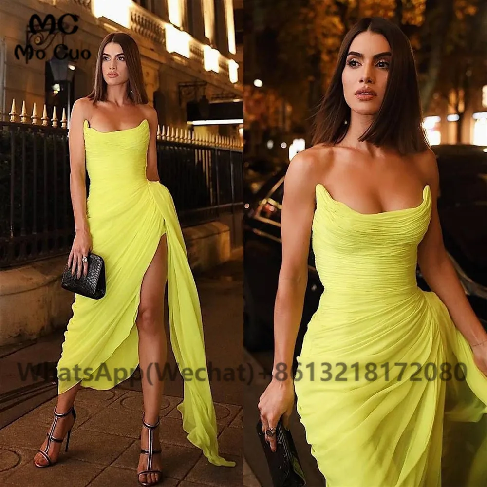 Simple Sheath Yellow Evening Dresses Long Prom Gowns Side Slit Pleat ...