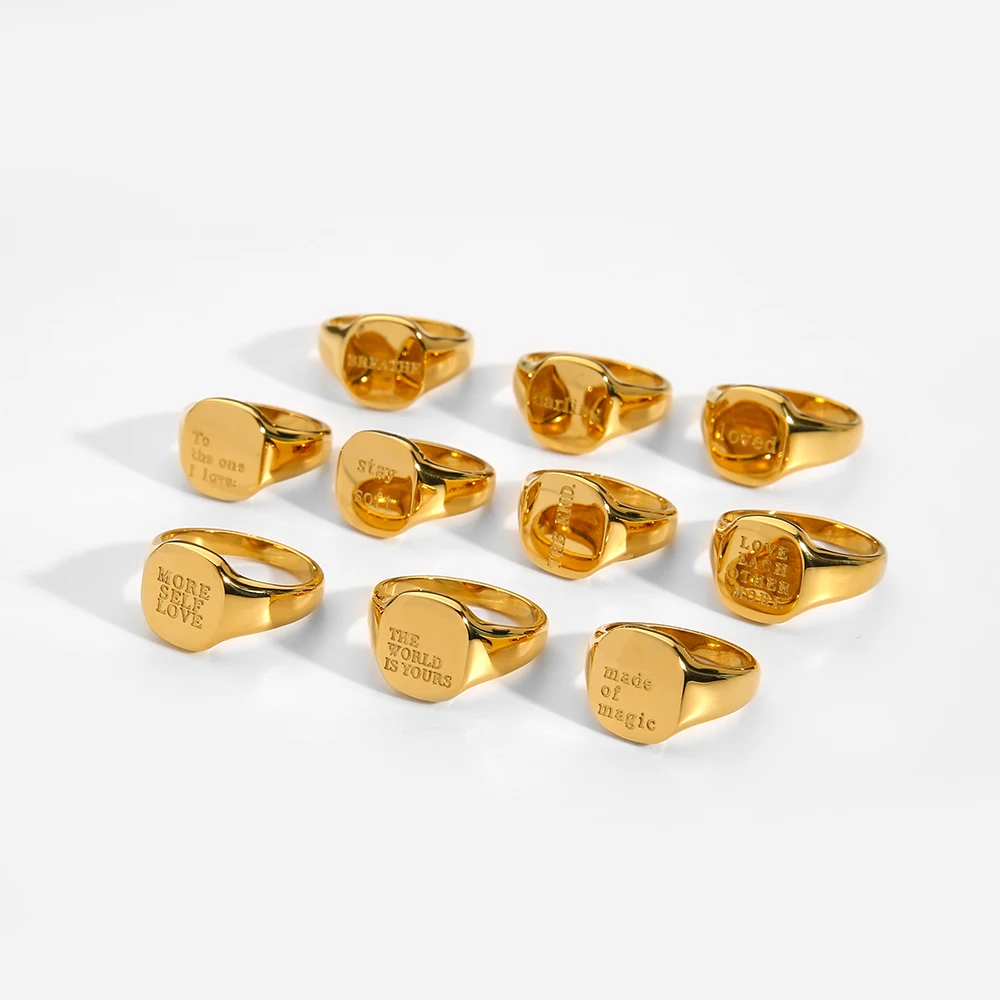 New Engraved Letter Inspirational Words Square Ring For Women 18K Gold ...