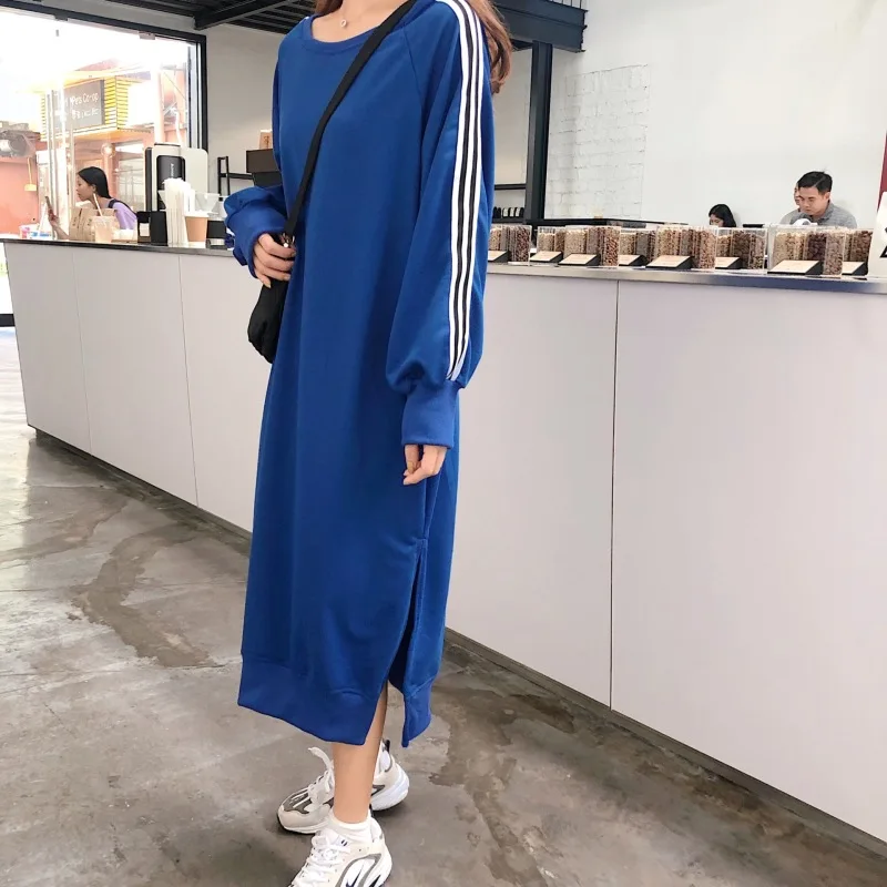 Women Autumn Long Hoody Dress Straight Long Sleeve Striped Loose ...