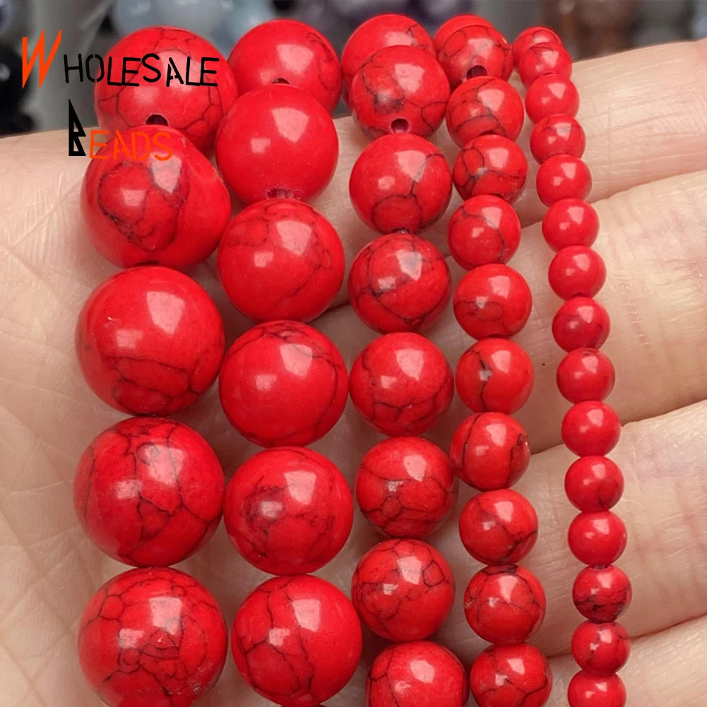 Cuentas redondas de piedra turquesa roja para la fabricación de joyas ...