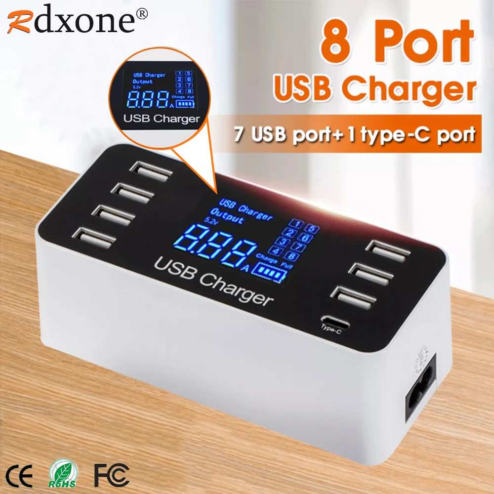Cargador USB tipo C inteligente, adaptador de 8USB para Android, iPhone, teléfono, tableta ...