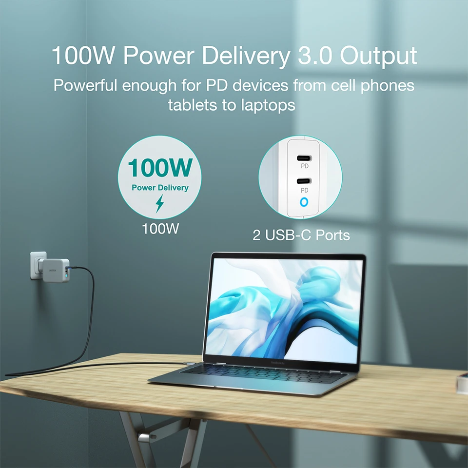 CHOETECH PD 100W GaN 듀얼 USB 타입 C 충전기 맥북 에어 iPad 아이폰 12 프로 삼성 화웨이 아수스 벽 ...