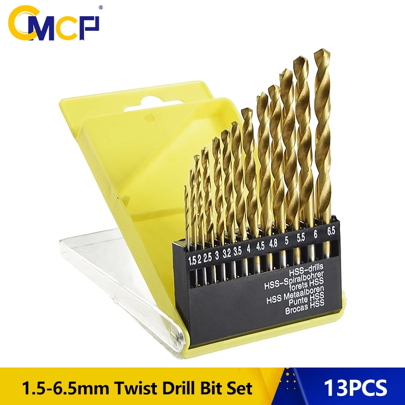 13pc 1.5-6.5mm Round Shank Twist Drill Bit Set Titanium Coated Hole ...