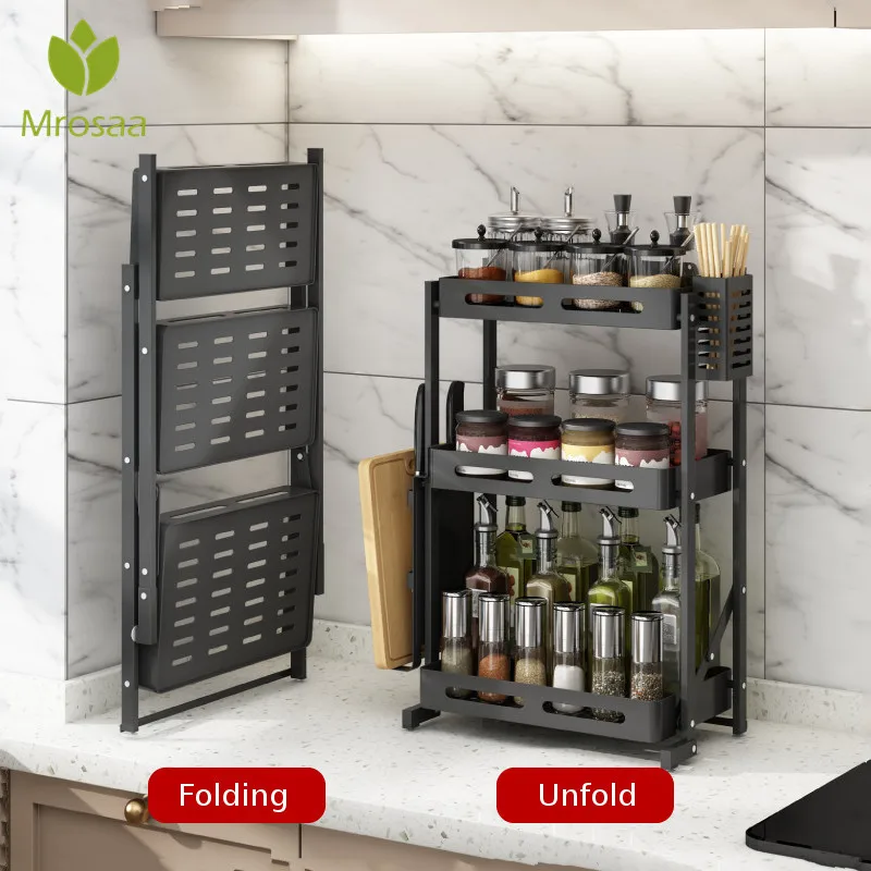 Foldable Kitchen Storage Rack Wall Mount Ingredient Spice Bottle Shelf ...