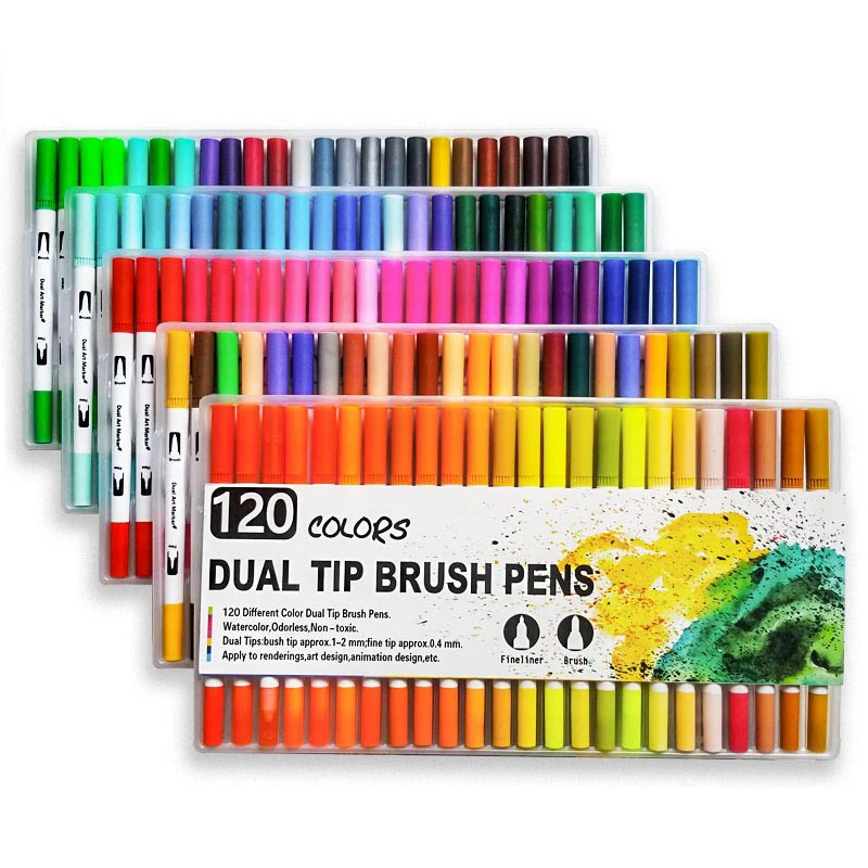 120 Colors Dual Tip Brush Pens Watercolor Art Markers Double Head Fine ...