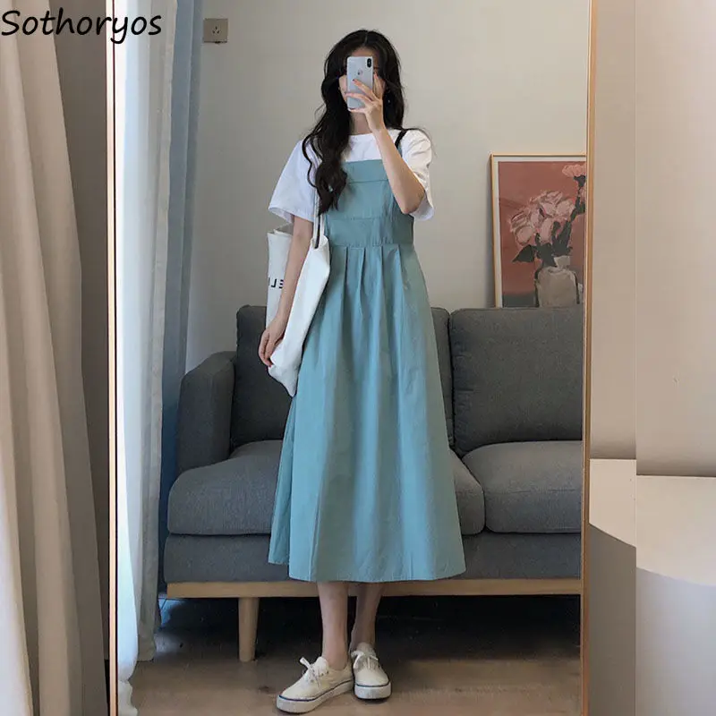 여성용 민소매 드레스 단색 하이 웨이스트 올 매치 걸스 달콤한 사랑스러운 여름 스파게티 스트랩 하라주쿠 롱 드레스 한국