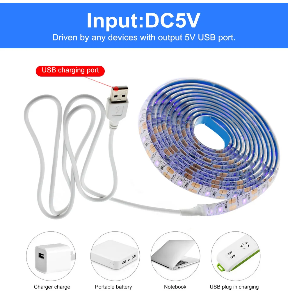 BANDE LED,No Waterproof-1m--Bande lumineuse LED UV SMD2835, ruban de lampe Flexible, DC5V, 0.5M ...