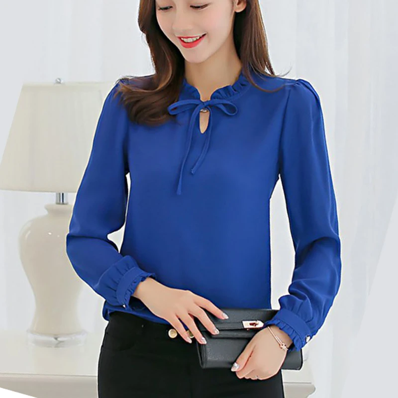 Office Lady Blouse Long Sleeve Ruffles Collar Bow Blouses Elegant Women ...
