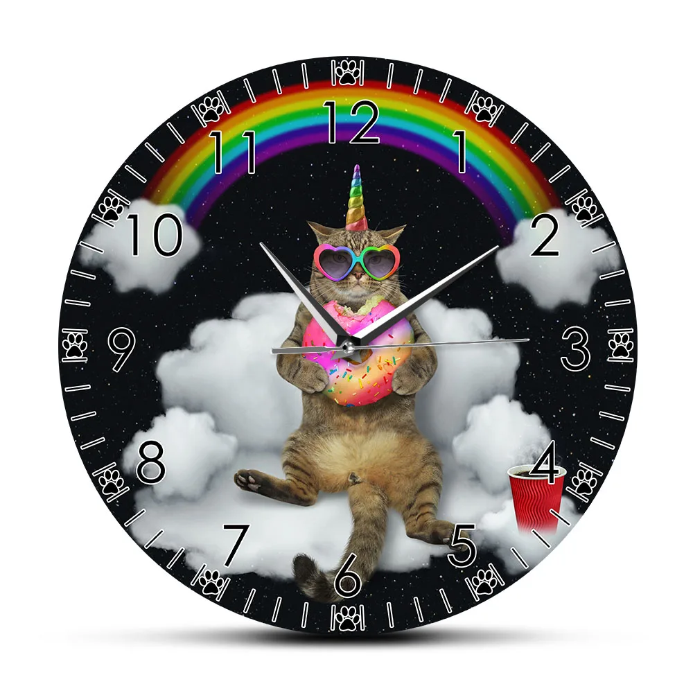 Reloj de pared con estampado de gato unicornio y arcoíris, arte de ...