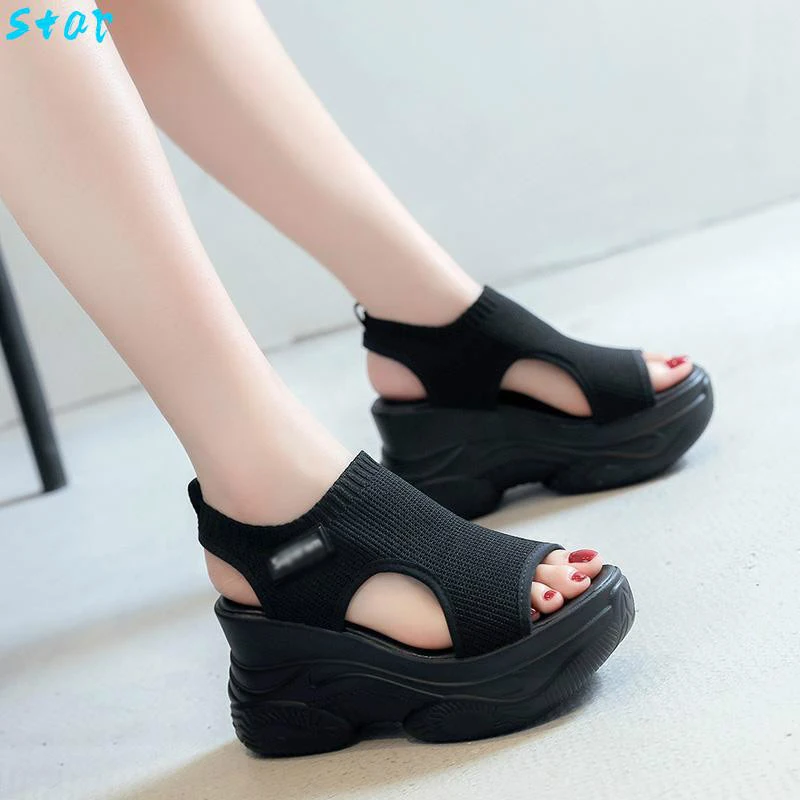 2021women's Sandals Wedge Heel Elastic Cloth Cover Foot Ladies Sandals ...