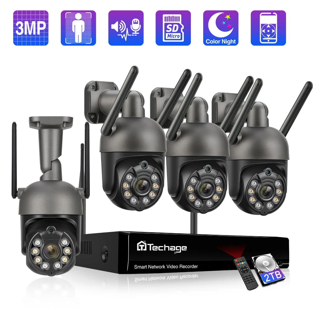Techage – caméra de surveillance extérieure PTZ IP Wifi hd 3MP/8CH, dispositif de sécurité sans ...