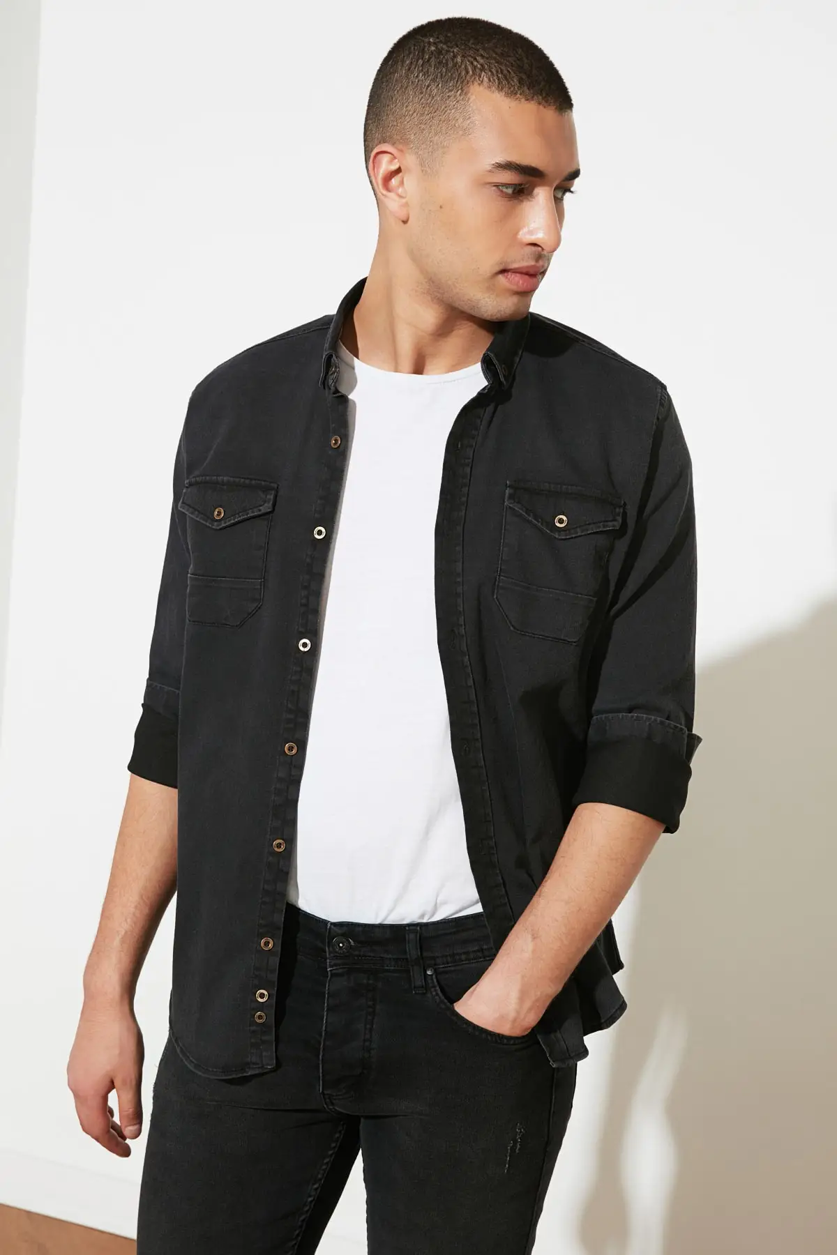 Black-Men-S-Metal-Button-Double-Pockets-Regular-Fit-Denim-Shirt ...