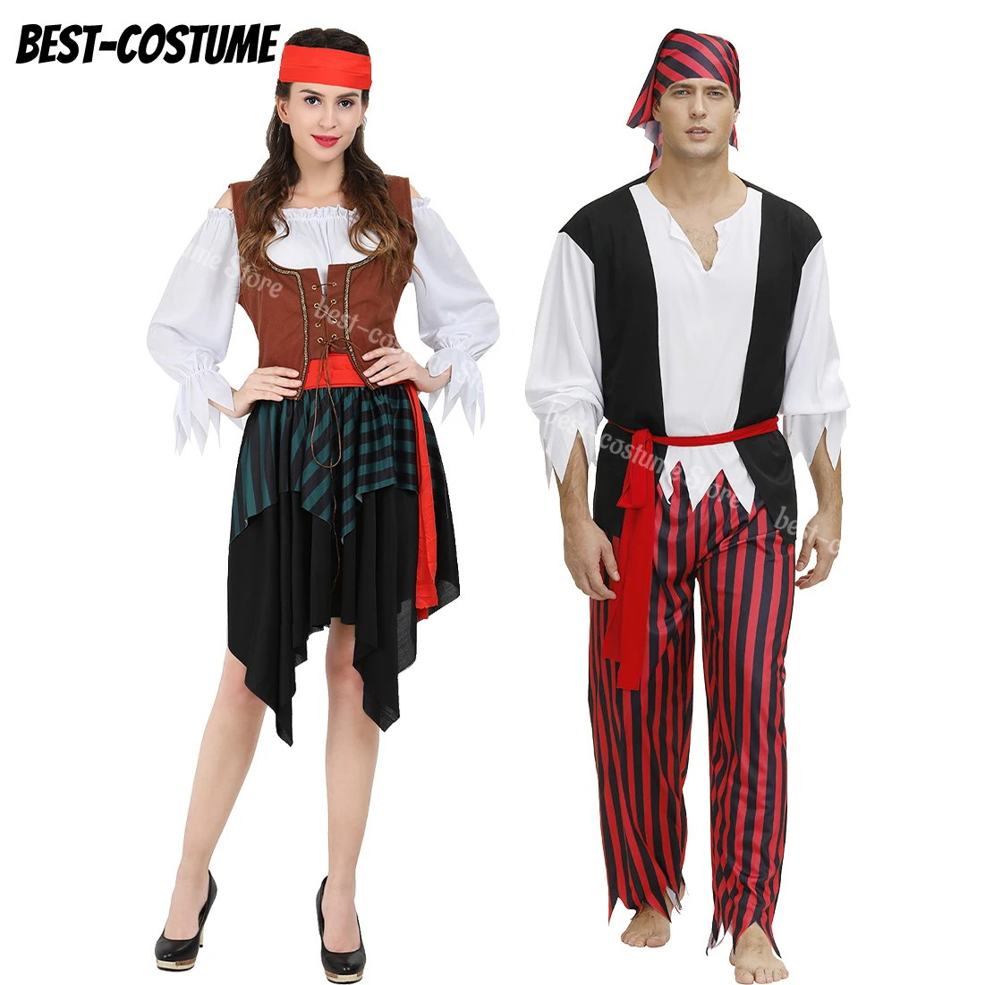 Halloween Pirate Costume Men Women Pirate Dress Three Piece Set Adult ...