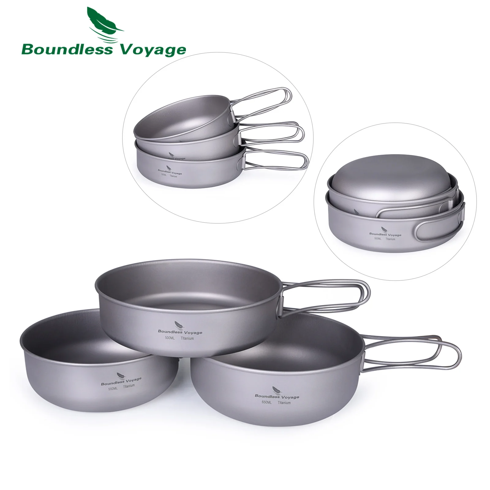 Boundless Voyage Titanium Pot Pan Bowl Set 500ml 550ml 650ml Camping ...