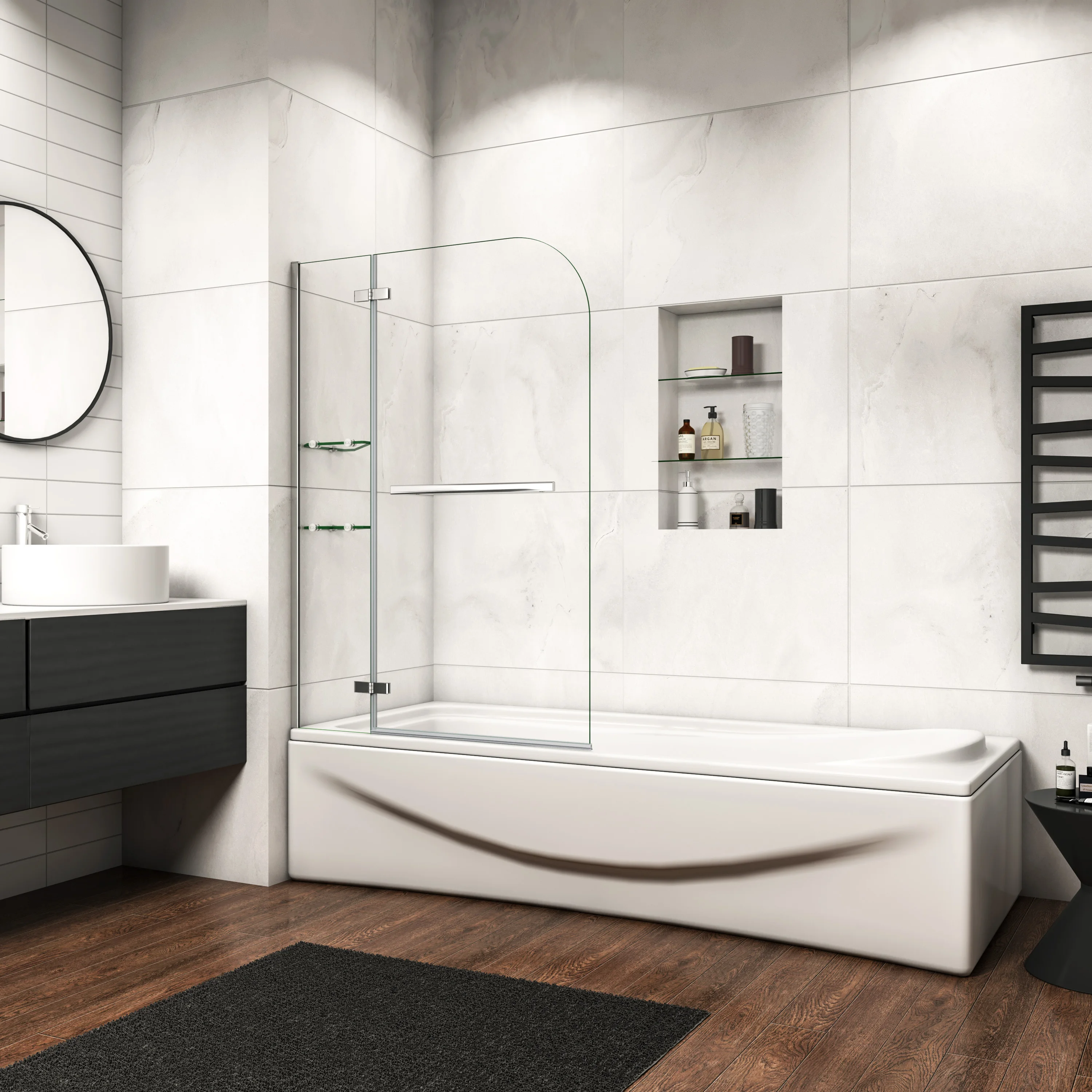 Folding Bath Screens With Glass Shelf Shelves And Towel Rail (hinged ...