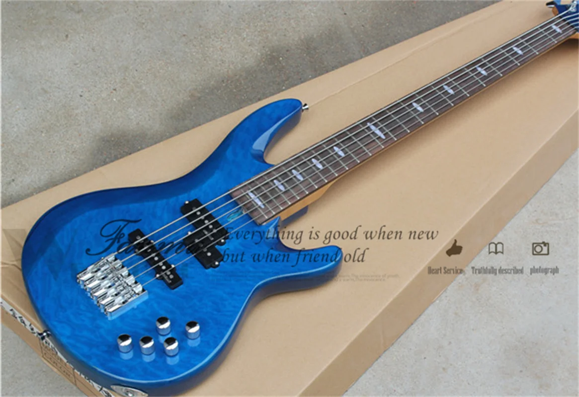 5 Strings blue Bass Guitar Yam Body Quilted Maple Top Rosewood ...