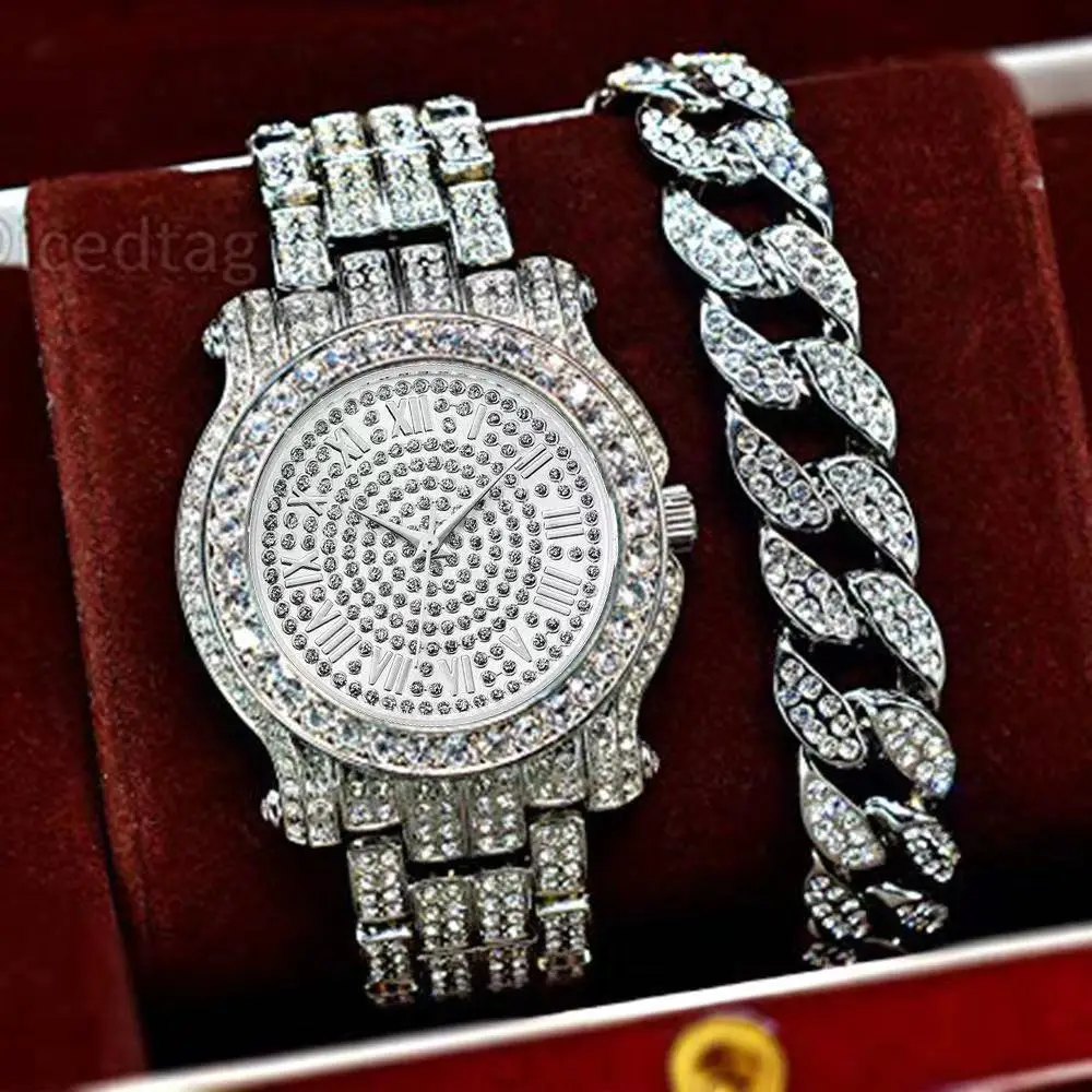 Silver Color Watch+bracelet Watch Set Hip Hop Miami Curb Cuban Chain ...