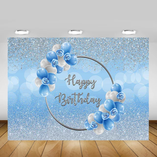 Silver Happy Birthday Party Backdrop Shiny Bokeh Blue Floral Balloons ...