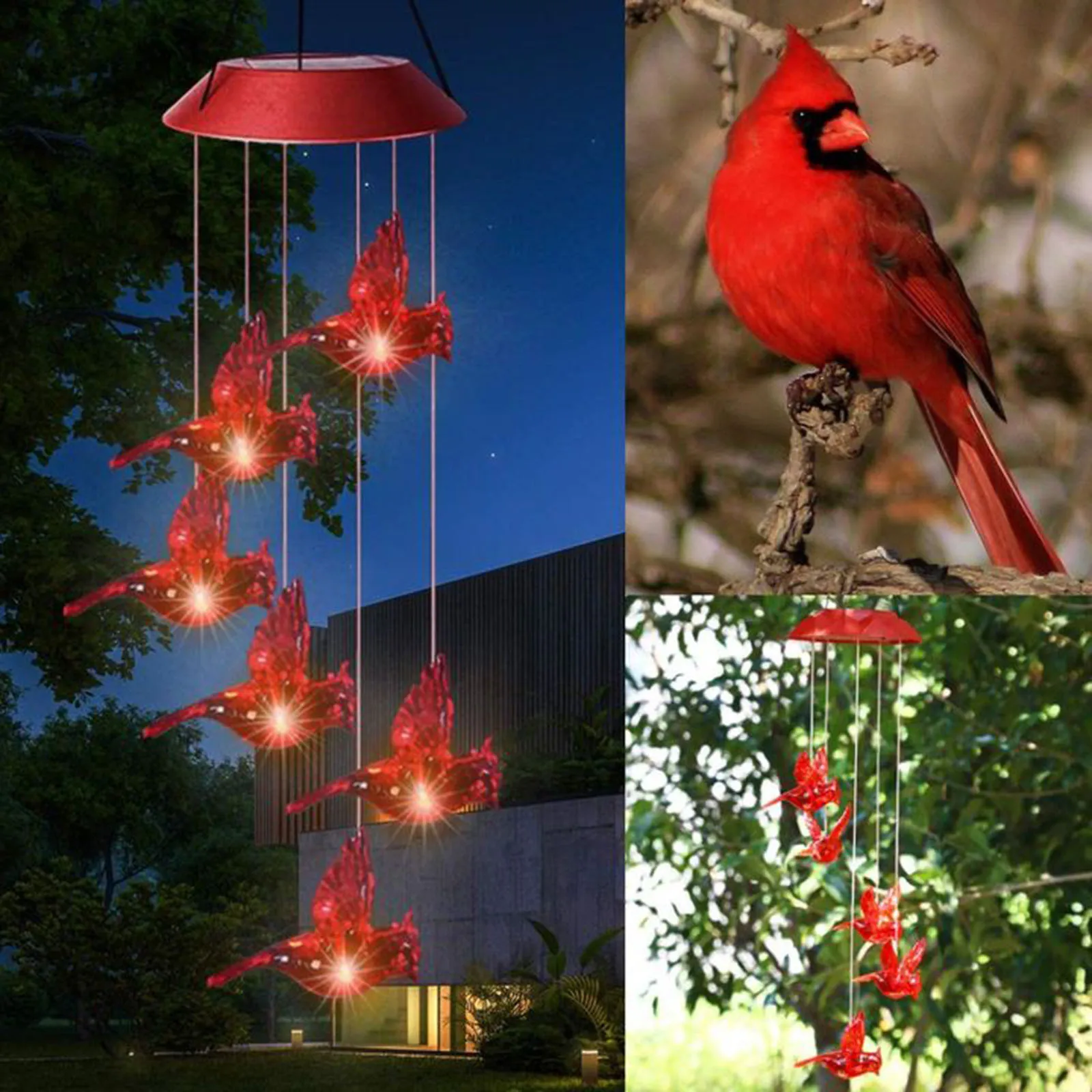 Hanging Red Bird Wind Chimes Solar LED RED BIRD Wind Chime Lamp Outdoor ...