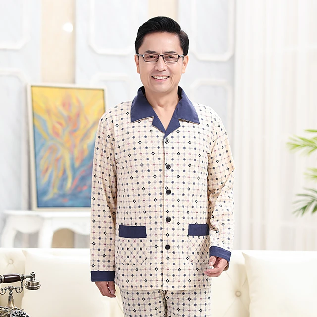 Pyjama Men Chinese Pajamas Button Cardigan Long Sleeve Nightwear Plaid ...