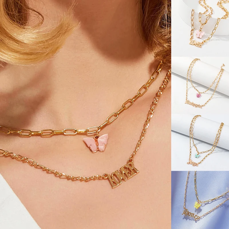 Collares con colgante de mariposa y letras para mujer, cadena multicapa ...
