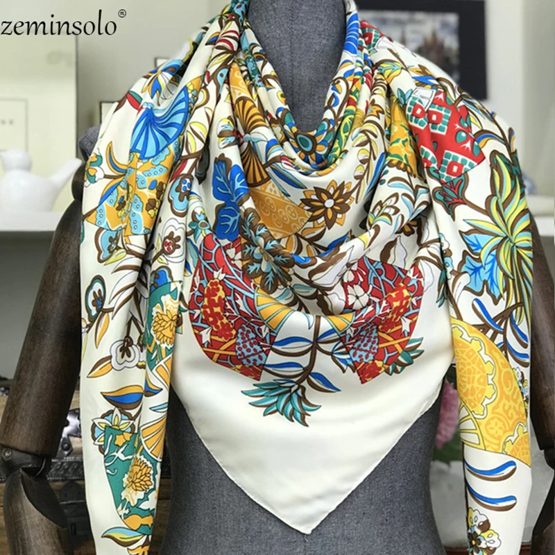 100% Silk Scarf Women Flowers Printed Foulard Square Scarves Luxury ...