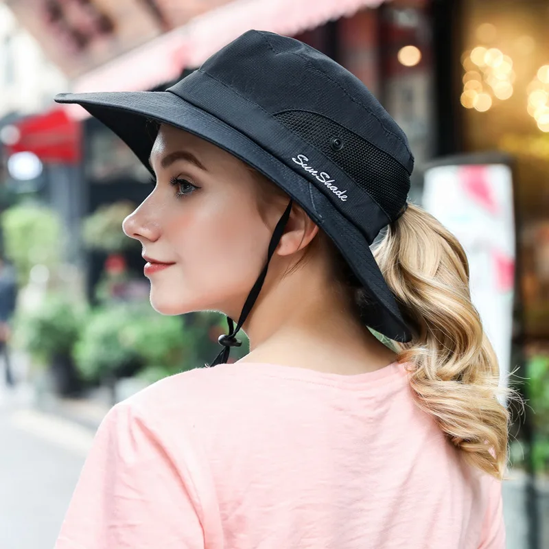 Sombreros-de-sol-con-cola-de-caballo-para-mujer-sombrero-de-cubo-UPF50 ...