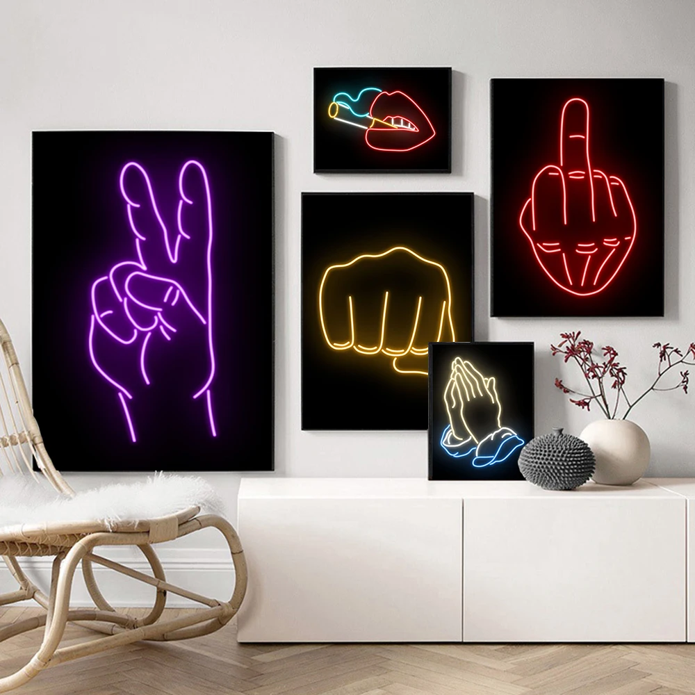 Smoking Woman Neon Canvas Painting Wall Art Modular Line Posters And ...