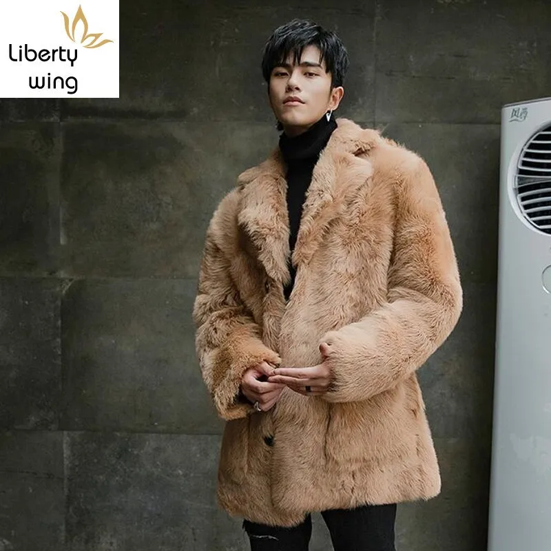 남성 양모 시어링 아웃웨어 싱글 브레스트 중간 길이 리얼 모피 스트레이트 탑 코트 고품질 겨울 패션진짜가죽 코트