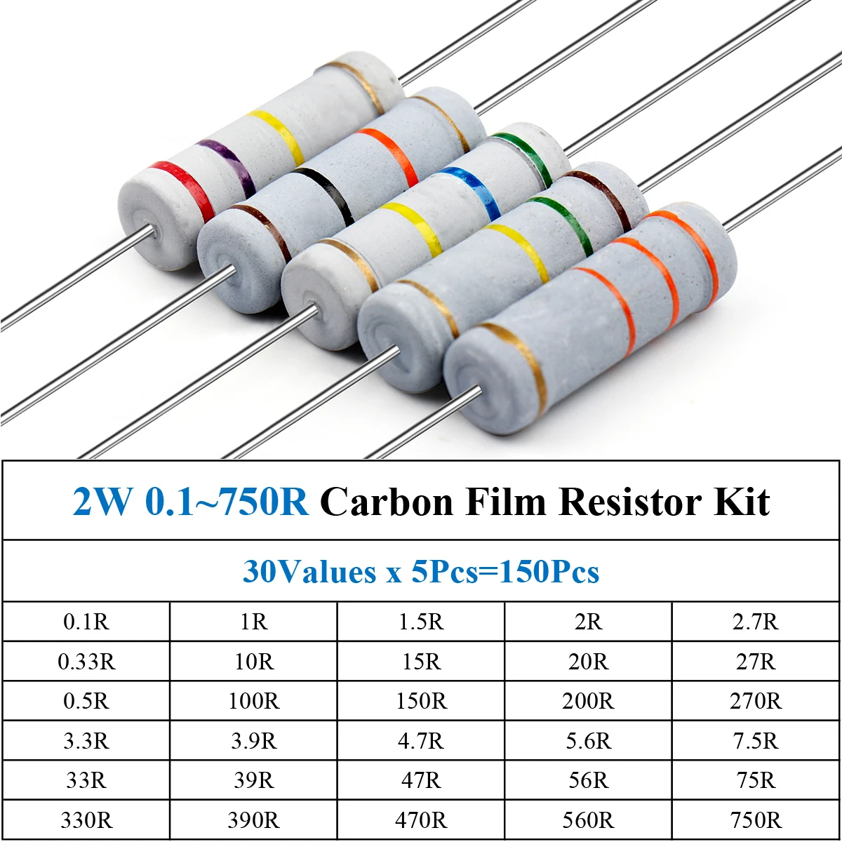 150Pcs-2W-0-1-750R-Carbon-Film-Resistor-Assorted-Kit-30Values-x-5Pcs ...