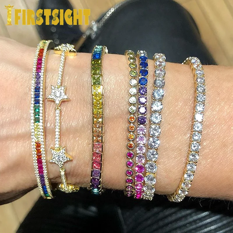 New Shiny Cz Fine Bracelet Rainbow Colorful Square Cz Tennis Chain ...