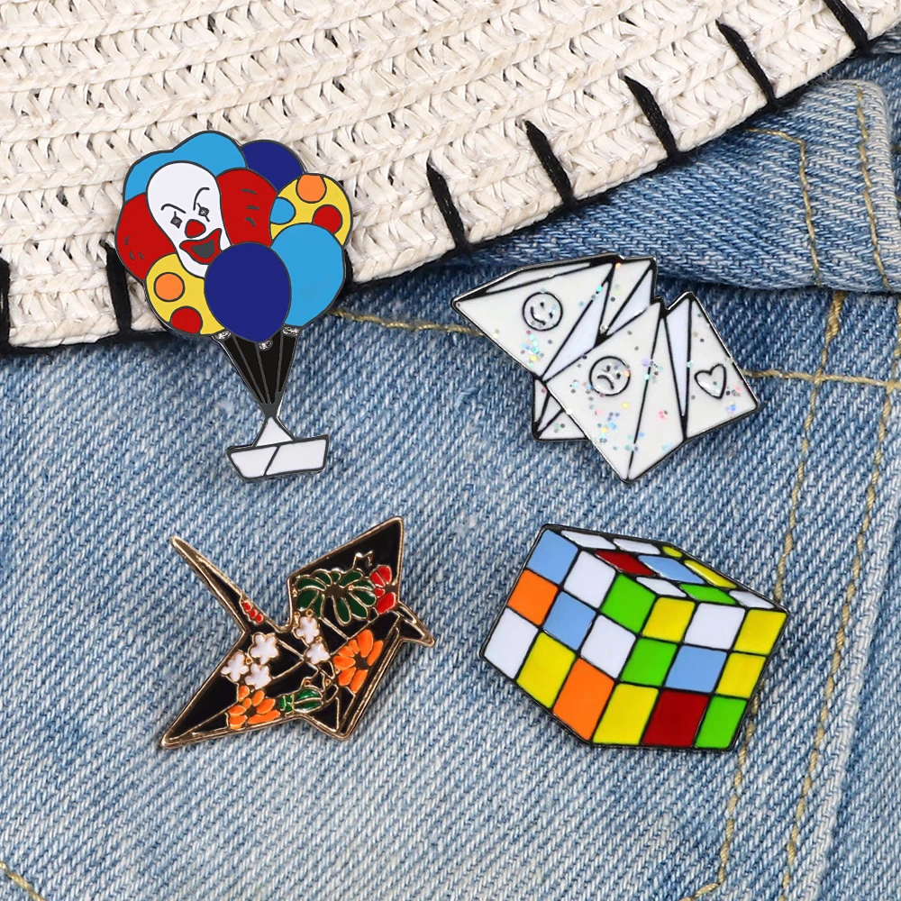 Fun-Games-Enamel-Pins-Cute-Balloon-Clown-Rubiks-Cube-Origami-Crane-Kids ...