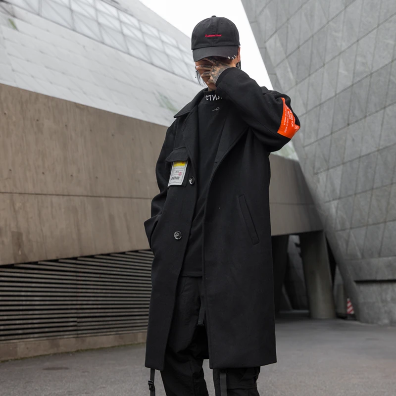 Gabardina larga de lana Punk rock para hombre, abrigo negro suelto ...