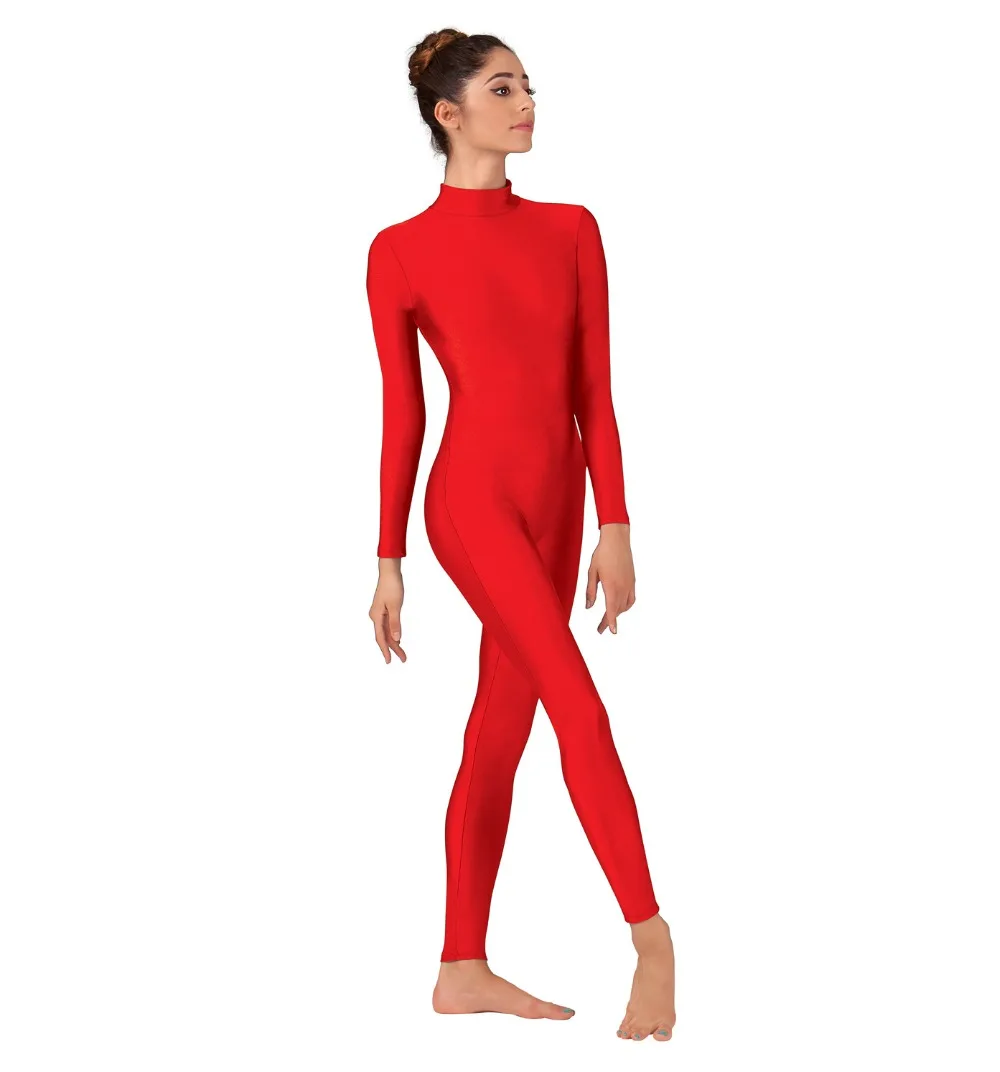 Women-Red-Unitard-Long-Sleeve-Mock-Neck-Ballet-Bodysuit-Spandex-One ...