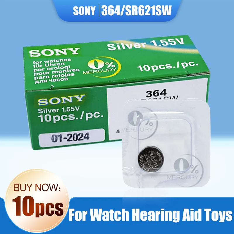 10pcs Sony 364 Sr621sw Sr621 Ag1 Lr60 Lr621 Sr60 V364 164 1.55v Silver ...