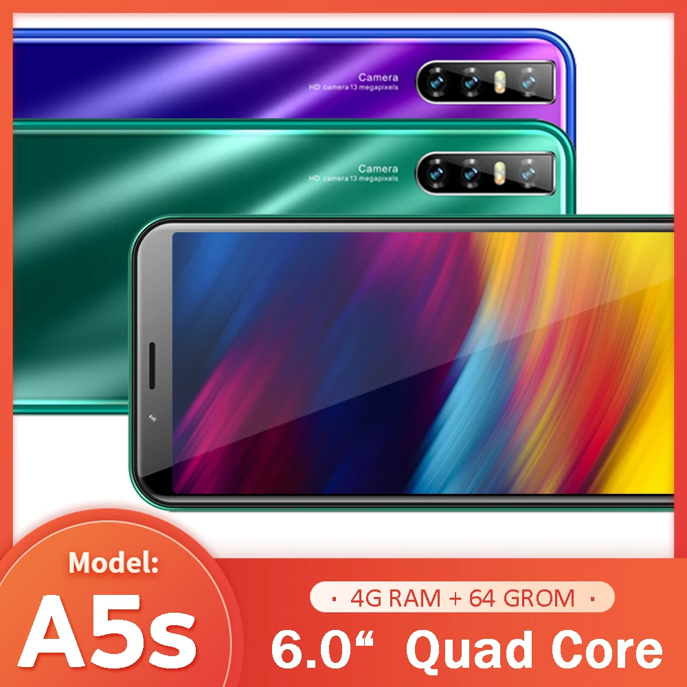 A5s, 4G ram, 64G rom, четырехъядерный смартфон, 13 МП, 6,0 дюймов, мобильные телефоны, Face ID ...